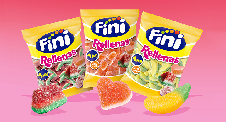 Gominolas rellenas: sandía, de corazón de melocotón y la banana con una ...